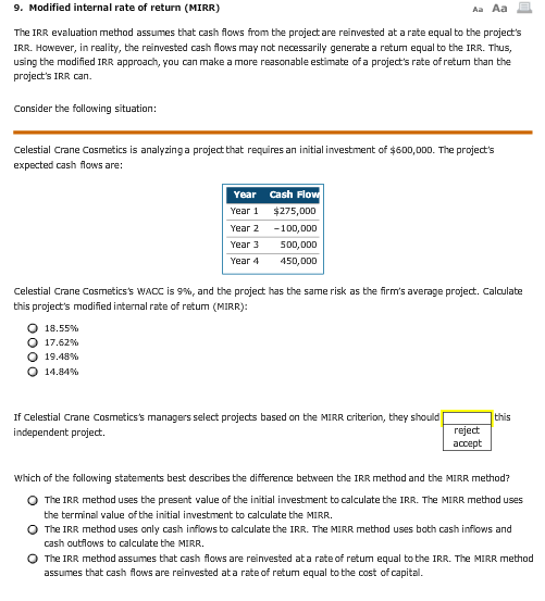 Solved 9. Modified internal rate of return (MIRR) Aa Aa The | Chegg.com