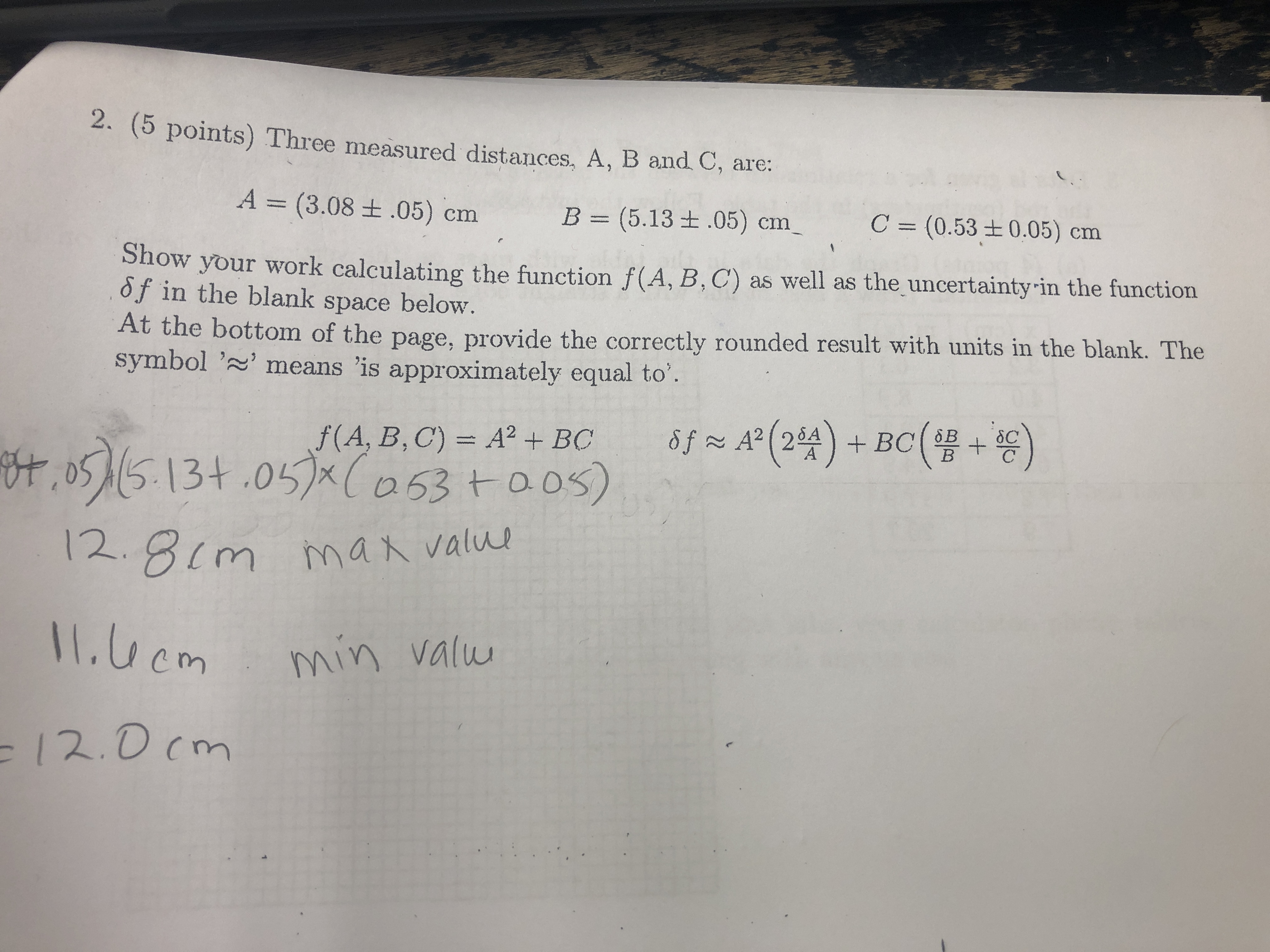 Solved 2. (5 points) Three measured distances, A, B and C, | Chegg.com