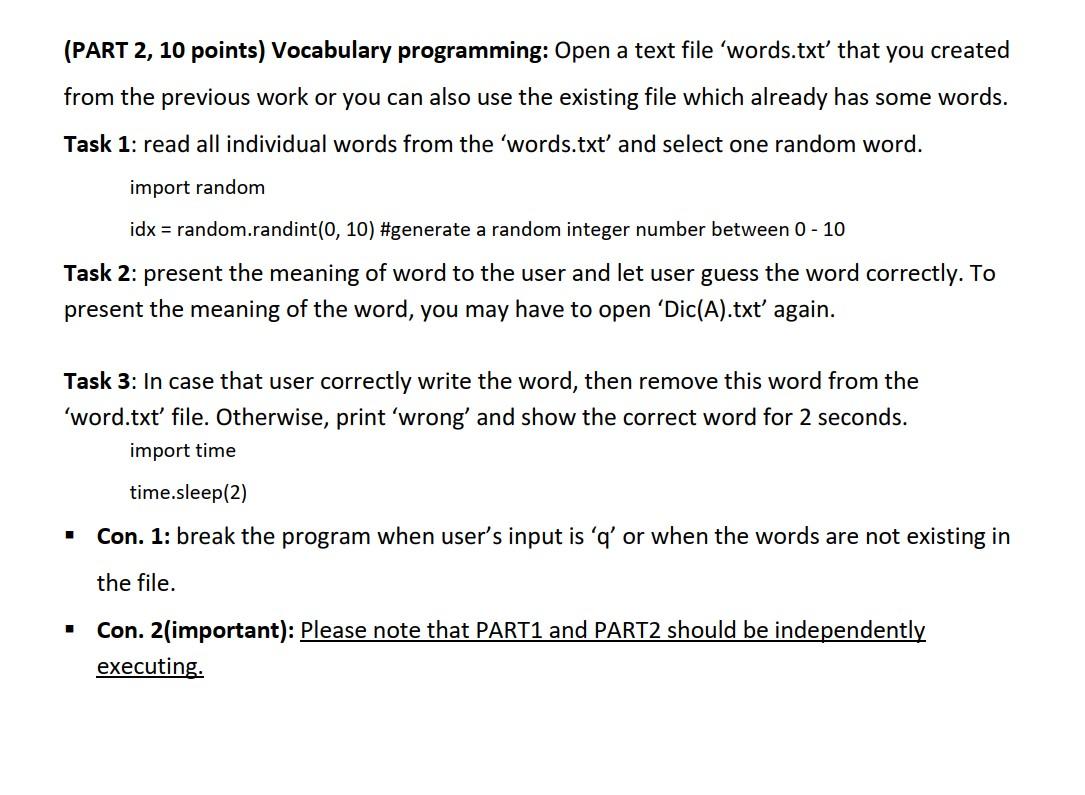 Solved (PART 2, 10 points) Vocabulary programming: Open a | Chegg.com