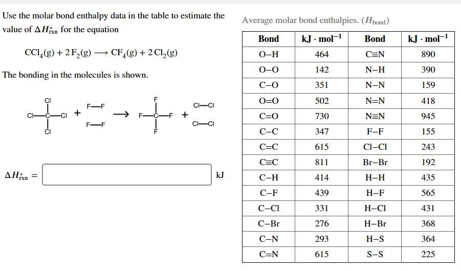 Solved Use the molar bond enthalpy data in the table to | Chegg.com