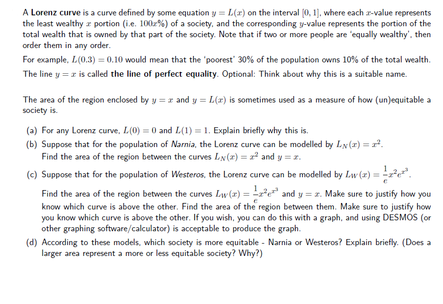 Solved A Lorenz curve is a curve defined by some equation | Chegg.com