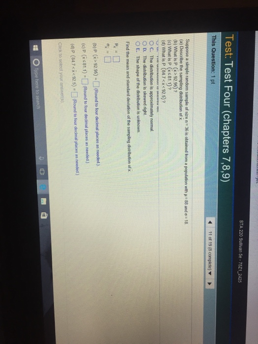 Solved STA 220 Sullvan Se-7521_2425 Test: Test Four | Chegg.com