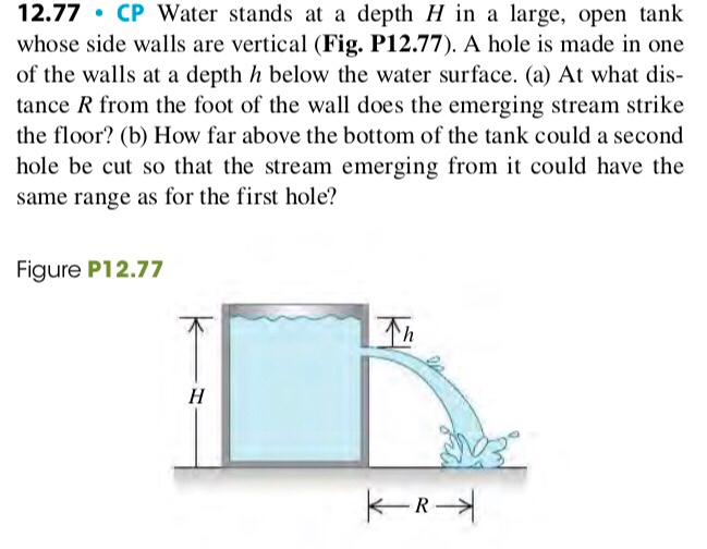 Solved 12.77 . CP Water stands at a depth H in a large, open | Chegg.com