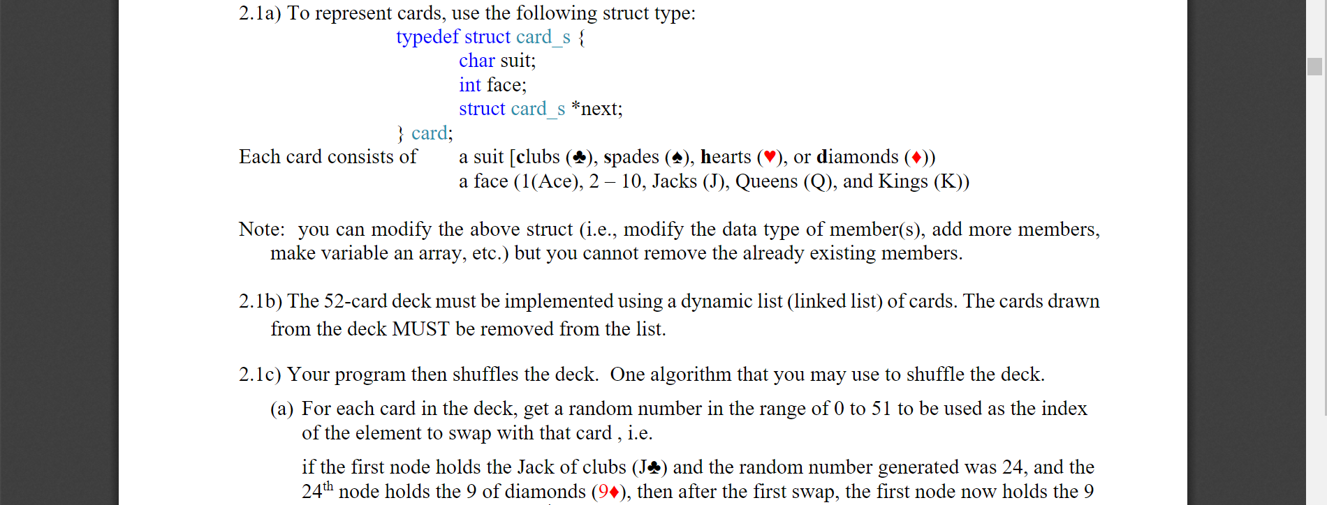 2.1a) To represent cards, use the following struct | Chegg.com