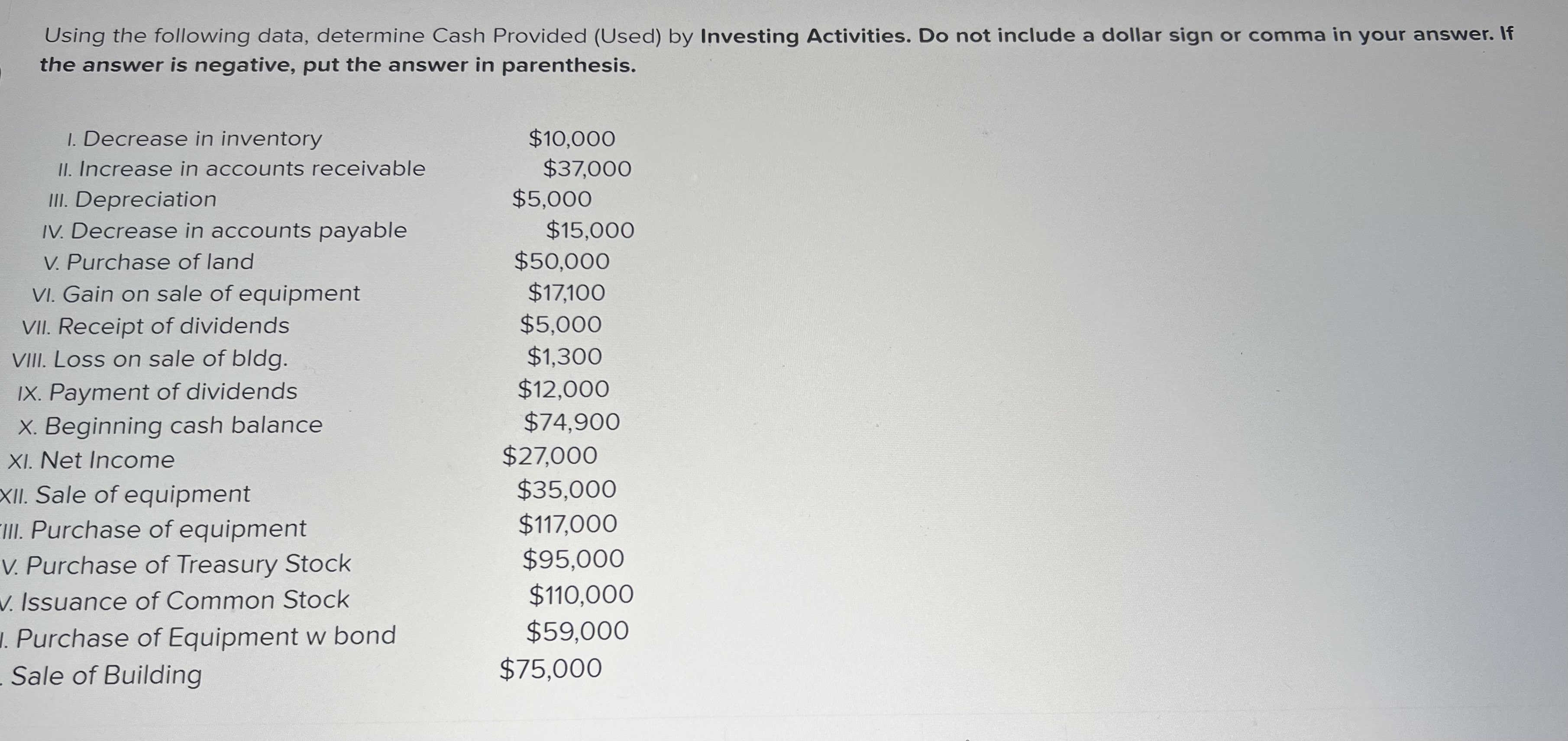 Solved Using the following data, determine Cash Provided | Chegg.com