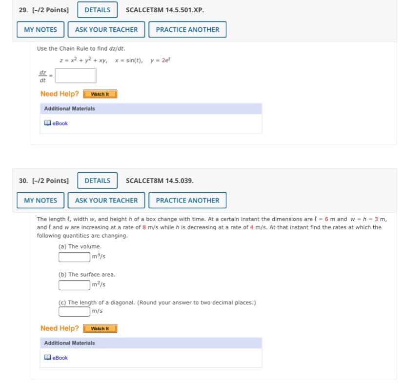 Solved 29. [-/2 Points] DETAILS SCALCET8M 14.5.501.XP. MY | Chegg.com