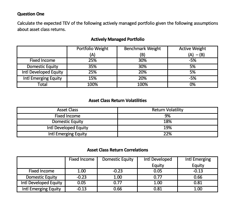Solved Question One Calculate the expected TEV of the | Chegg.com