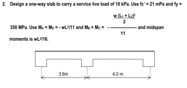 Solved Design a one-way slab to carry a service live load of | Chegg.com
