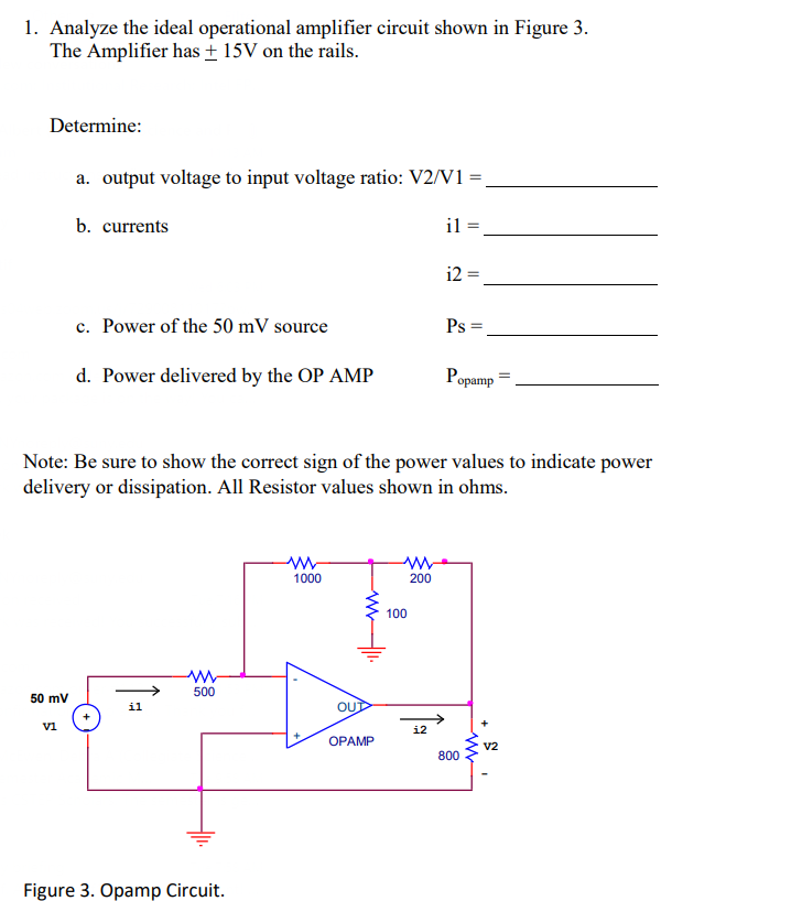 Solved 1. Analyze the ideal operational amplifier circuit | Chegg.com