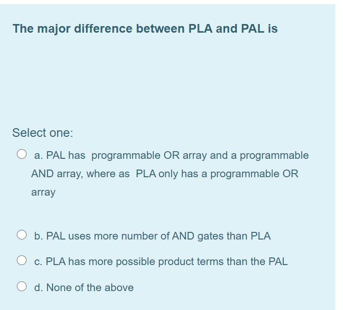 Solved The major difference between PLA and PAL is Select | Chegg.com
