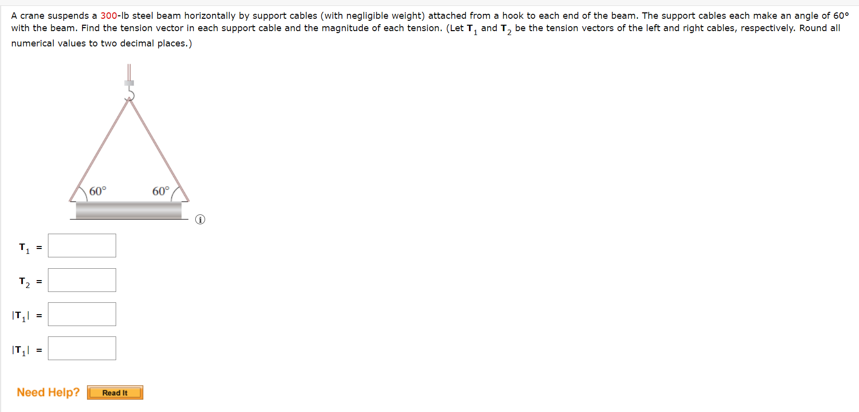 Solved A crane suspends a 300-lb steel beam horizontally by | Chegg.com