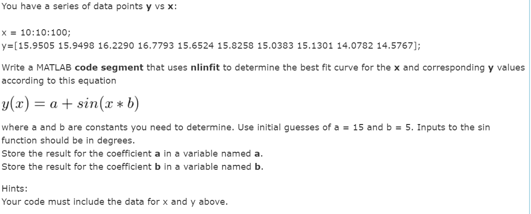 Solved You have a series of data points y vs x:x = | Chegg.com