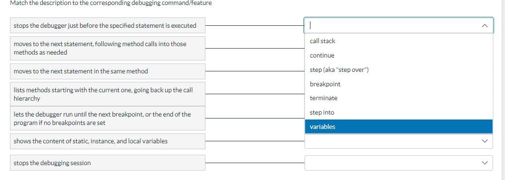 Solved Match the description to the corresponding debugging | Chegg.com