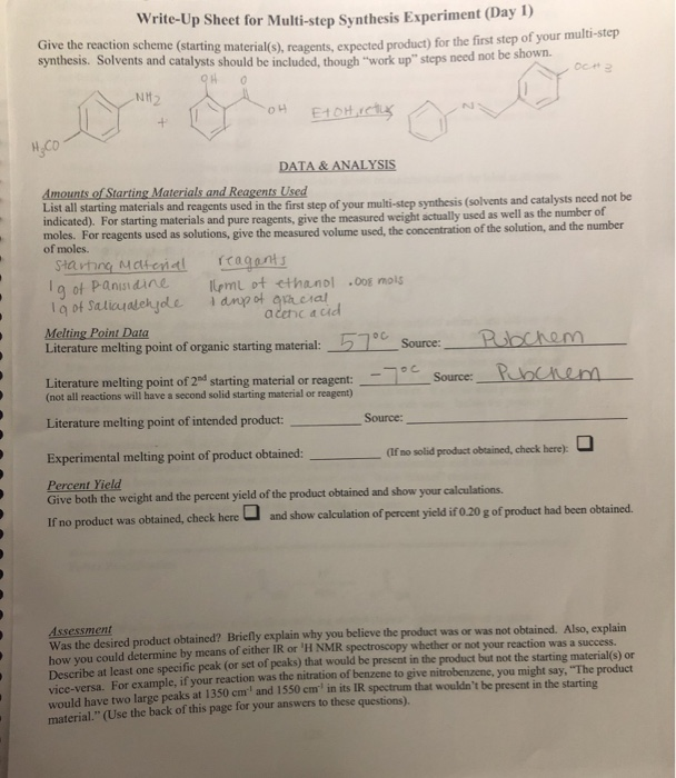 Solved Write-Up Sheet for Multi-step Synthesis Experiment | Chegg.com