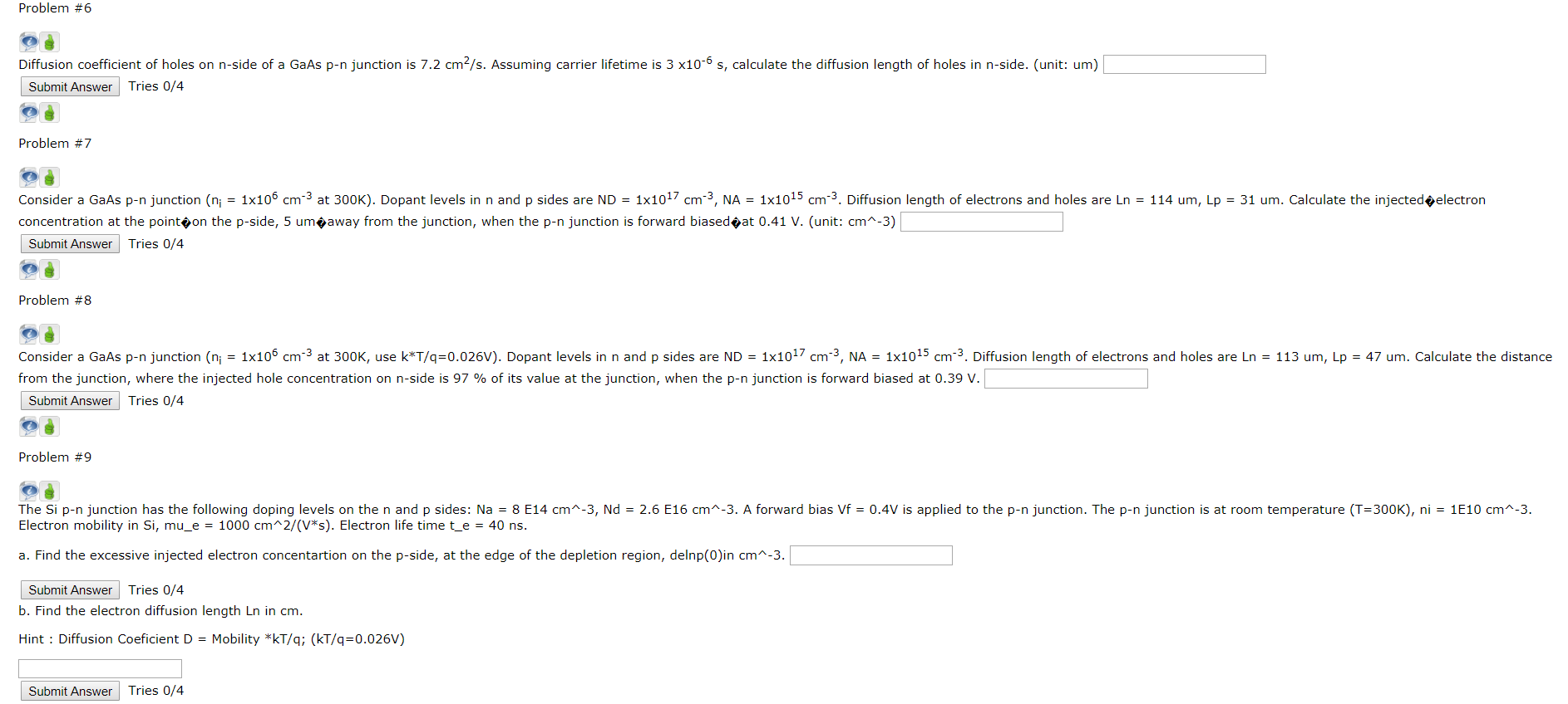Solved Problem #6 Diffusion coefficient of holes on n-side | Chegg.com