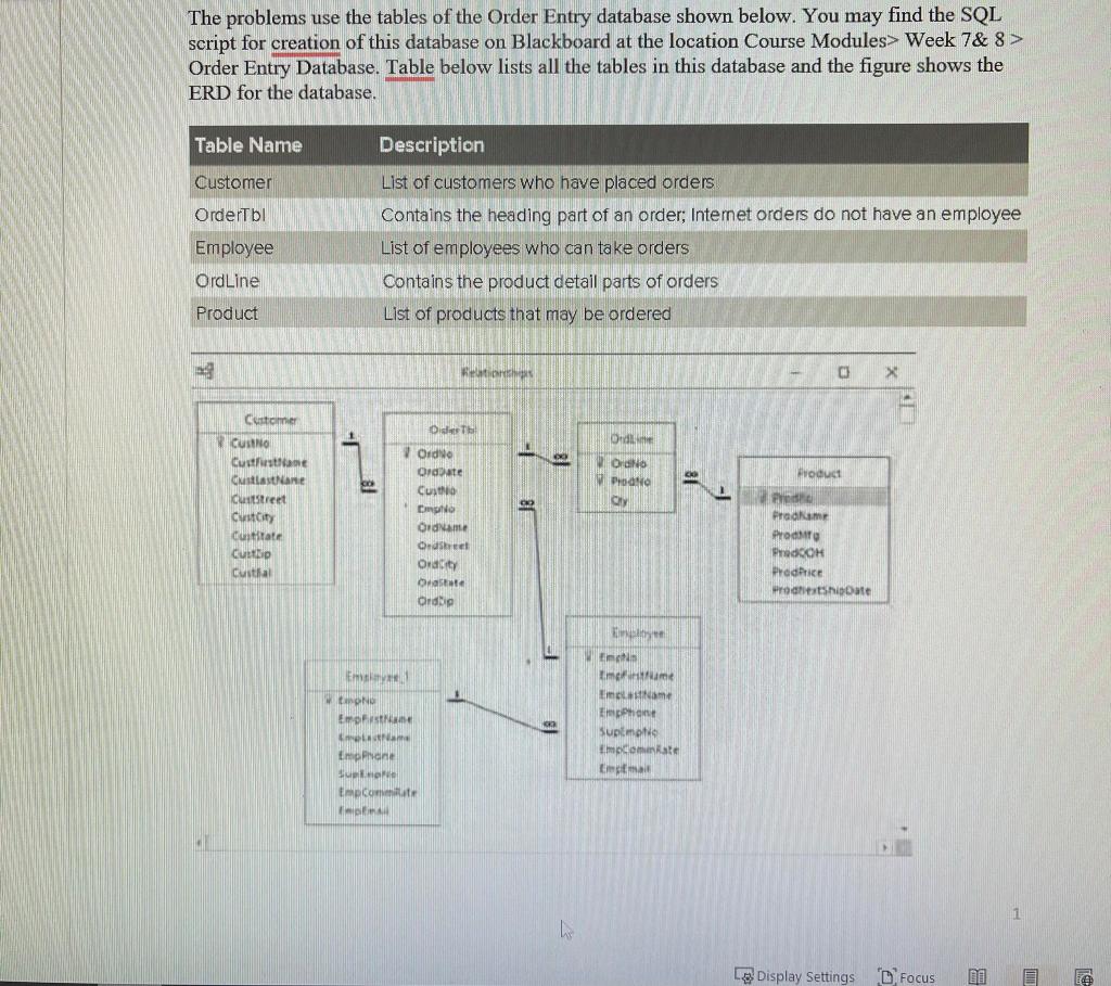 Solved The Problems Use The Tables Of The Order Entry 