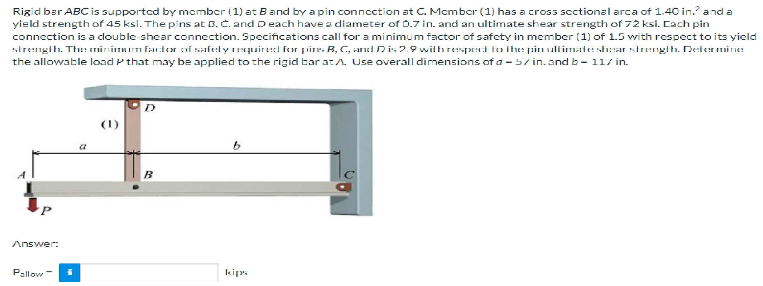 Solved Rigid bar ABC is supported by member (1) at B and by | Chegg.com