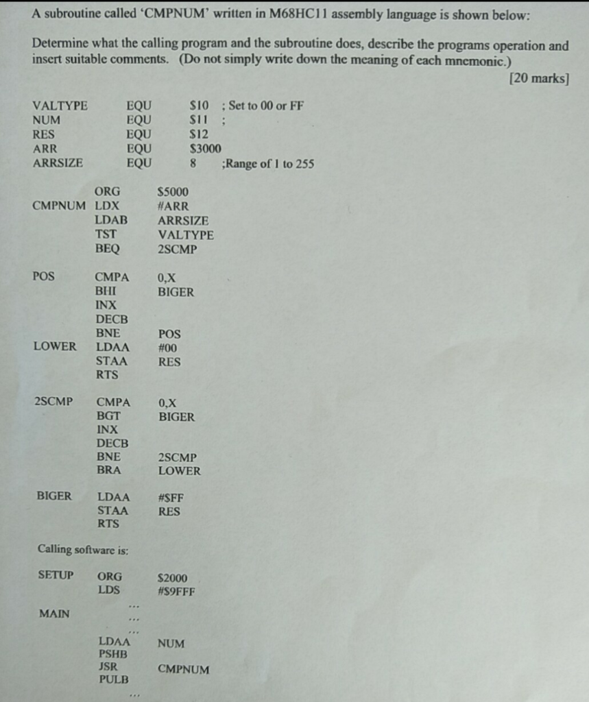 Solved A subroutine called 'CMPNUM' written in M68HC11 | Chegg.com