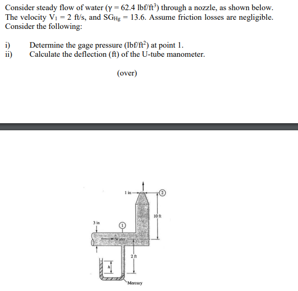 Solved Consider steady flow of water(y-62.4 lbf/ft3) through | Chegg.com