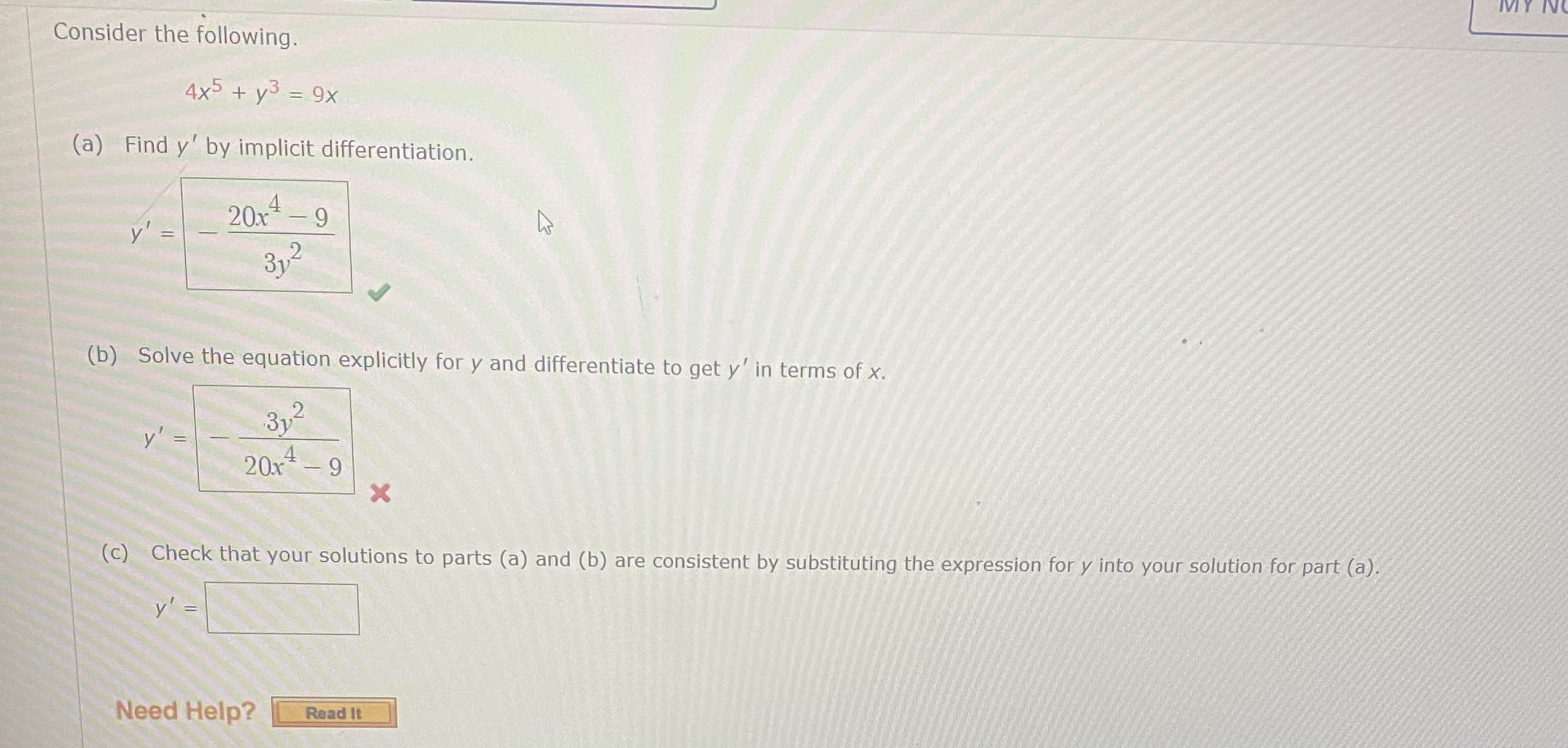 Solved Consider the following. 4x5+y3=9x (a) Find y′ by | Chegg.com