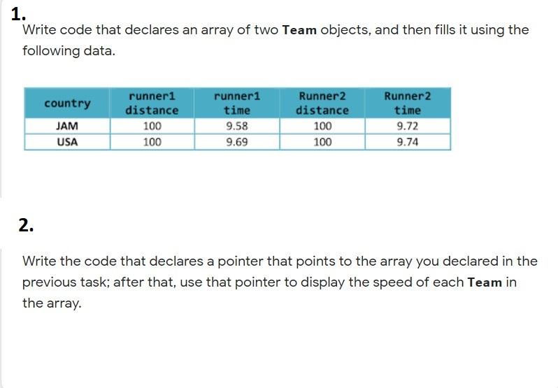 Solved 1. Write code that declares an array of two Team | Chegg.com