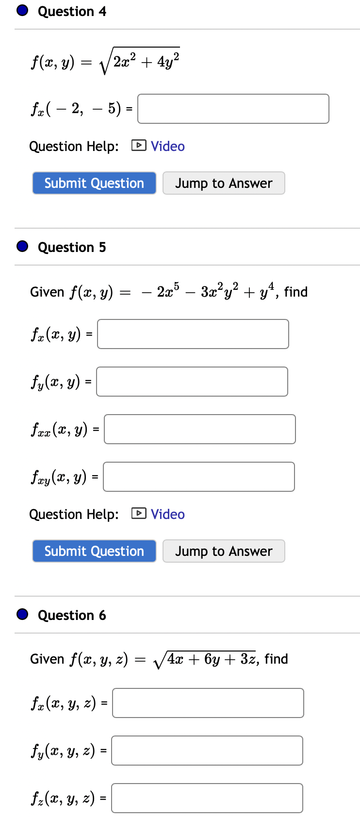 Solved Given f(x,y)=−x6+3xy4−5y5 fx(x,y)= fy(x,y)= Question | Chegg.com
