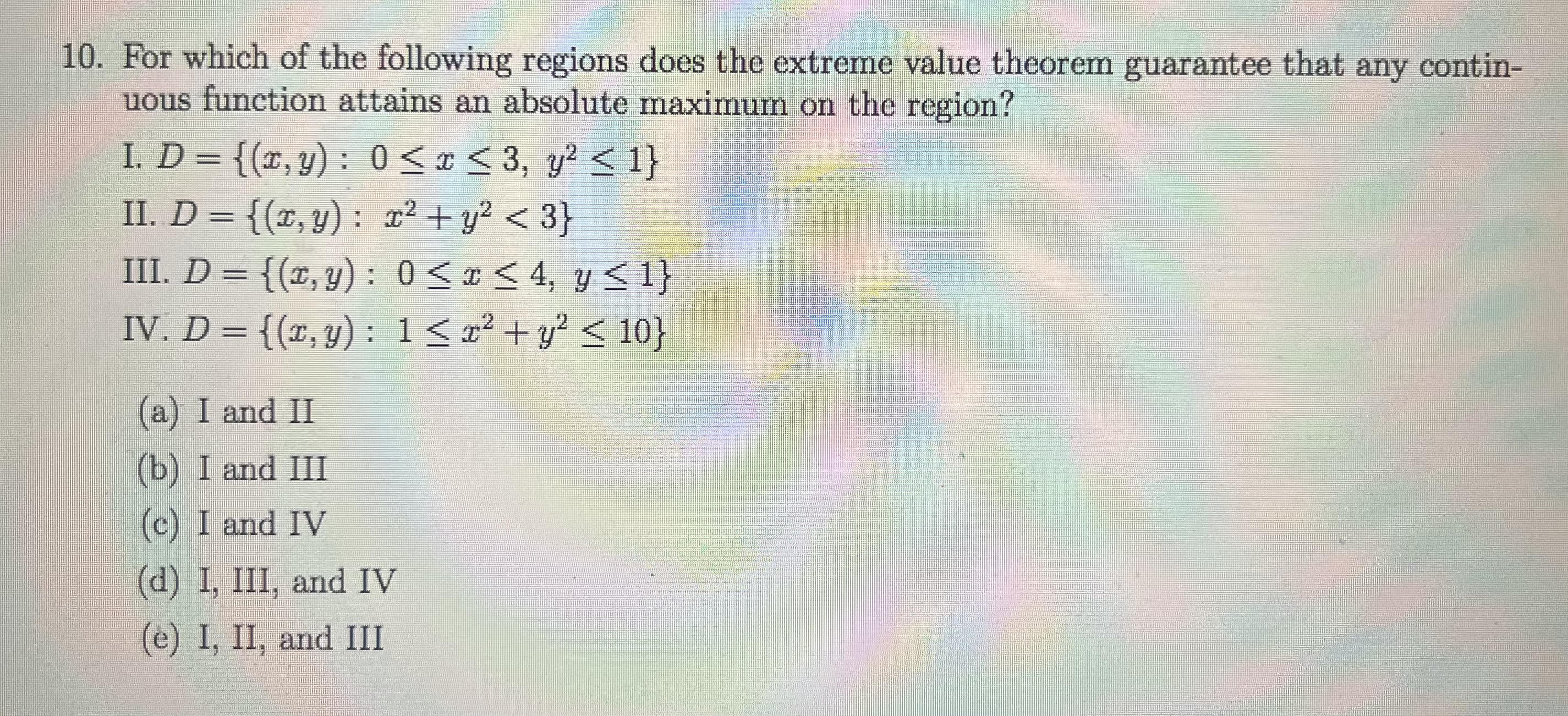 Solved For which of the following regions does the extreme | Chegg.com