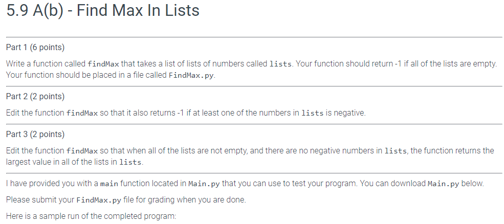Solved 5.9 Aſb) - Find Max In Lists Part 1 (6 points) Write | Chegg.com