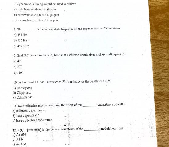 Solved 7. Synchronous tuning amplifiers used to achieve a) | Chegg.com