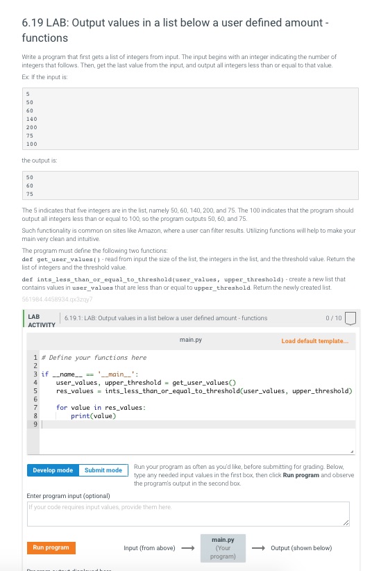 Solved 6.19 ﻿LAB: Output values in a list below a user | Chegg.com