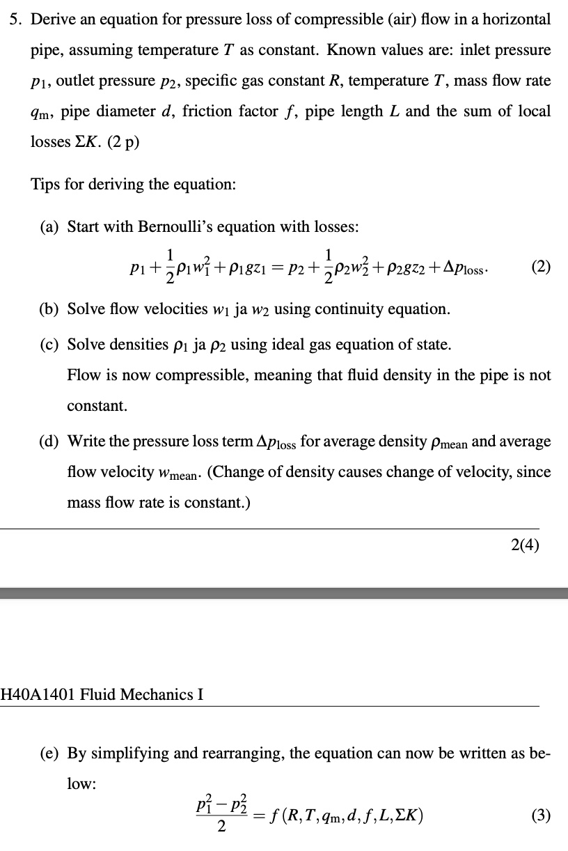 Solved Derive an equation for pressure loss of compressible | Chegg.com