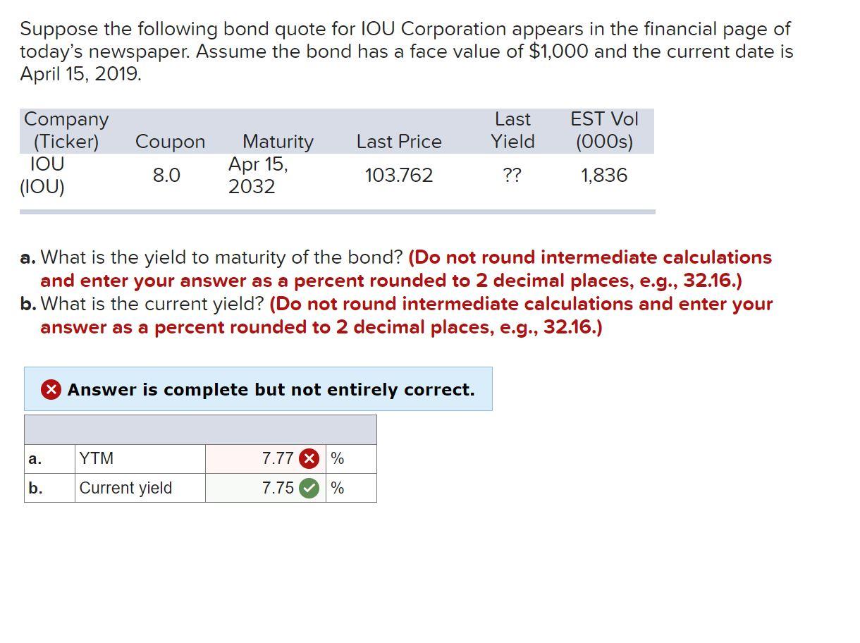 Solved Suppose the following bond quote for IOU Corporation | Chegg.com