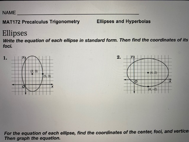 Solved NAME MAT172 Precalculus Trigonometry Ellipses and | Chegg.com