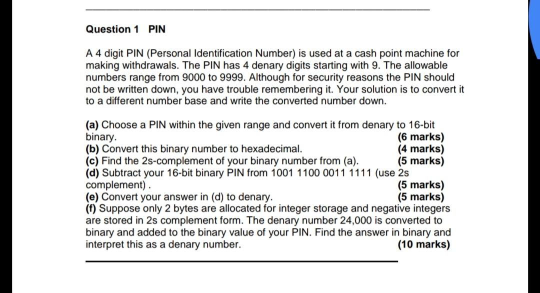 Question 1 PIN A 4 digit PIN (Personal Identification | Chegg.com
