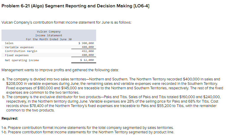 Solved Problem 6-21 (Algo) ﻿Segment Reporting and Decision | Chegg.com