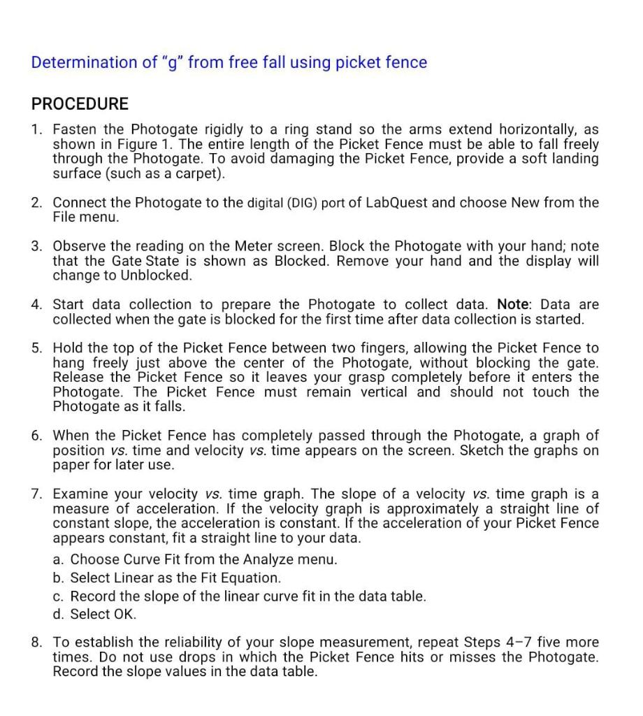 Solved Determination of “g” from free fall using picket | Chegg.com