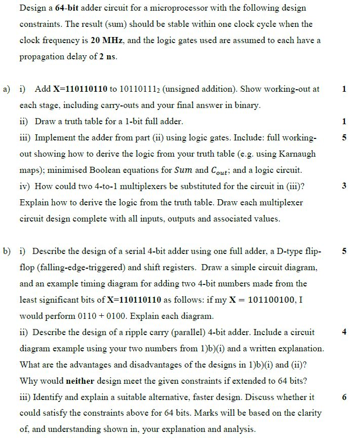 Design a 64-bit adder circuit for a microprocessor | Chegg.com