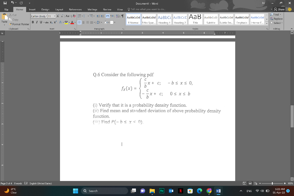 Solved Q.6 Consider the following pdf fx(x) = (i) Verify | Chegg.com