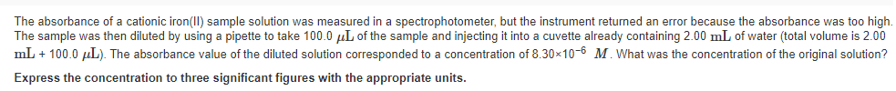 Solved The absorbance of a cationic iron(II) sample solution | Chegg.com