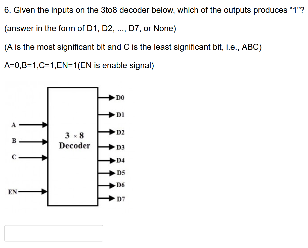 Solved 6. Given the inputs on the 3to8 decoder below, which | Chegg.com