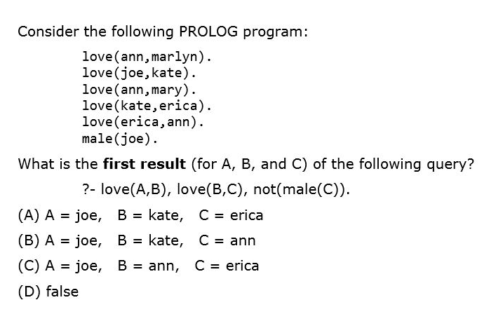 Solved Consider the following PROLOG program: love (ann, | Chegg.com