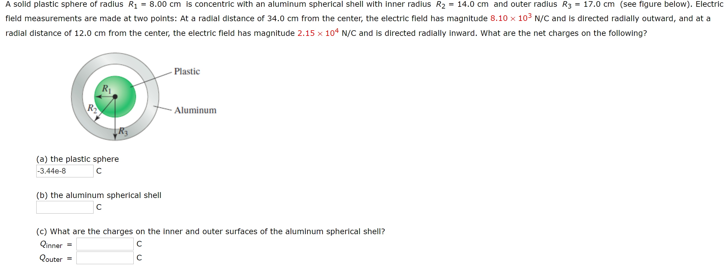 Solved A solid plastic sphere of radius R1 = 8.00 cm is | Chegg.com