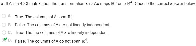 Solved a. If A is a 4x3 matrix, then the transformation x Ax | Chegg.com