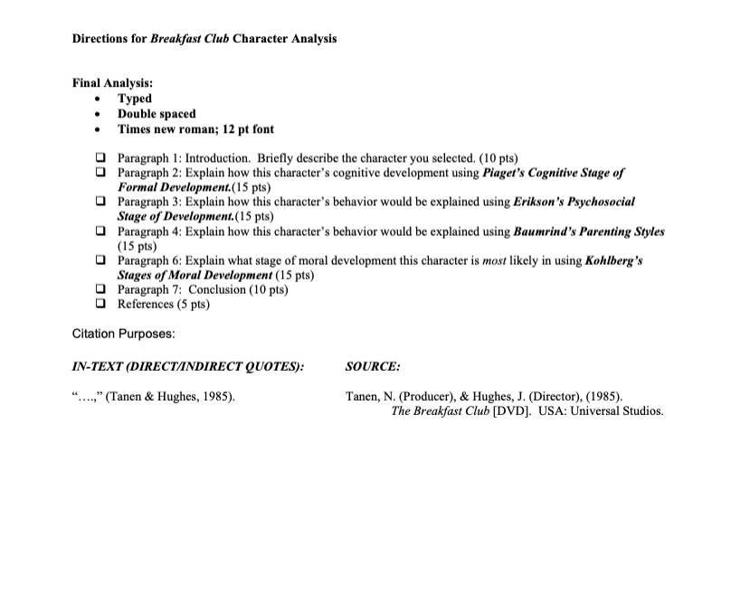 Solved The Breakfast Club: Adolescent Development Assignment | Chegg.com