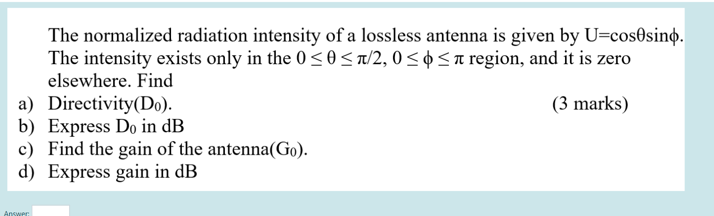 Solved The normalized radiation intensity of a lossless | Chegg.com