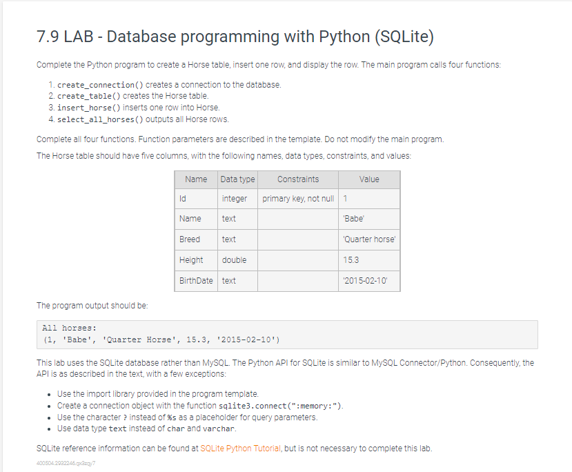 Solved 7.9 LAB - Database programming with Python (SQLite) | Chegg.com
