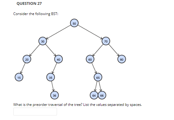 Solved QUESTION 27 Consider the following BST: 50 20 40 60 | Chegg.com