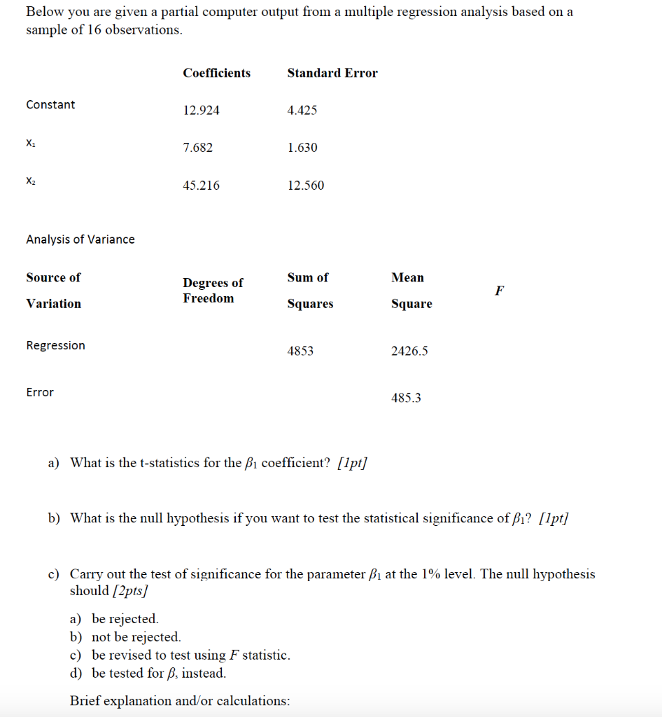 Solved Below you are given a partial computer output from a | Chegg.com