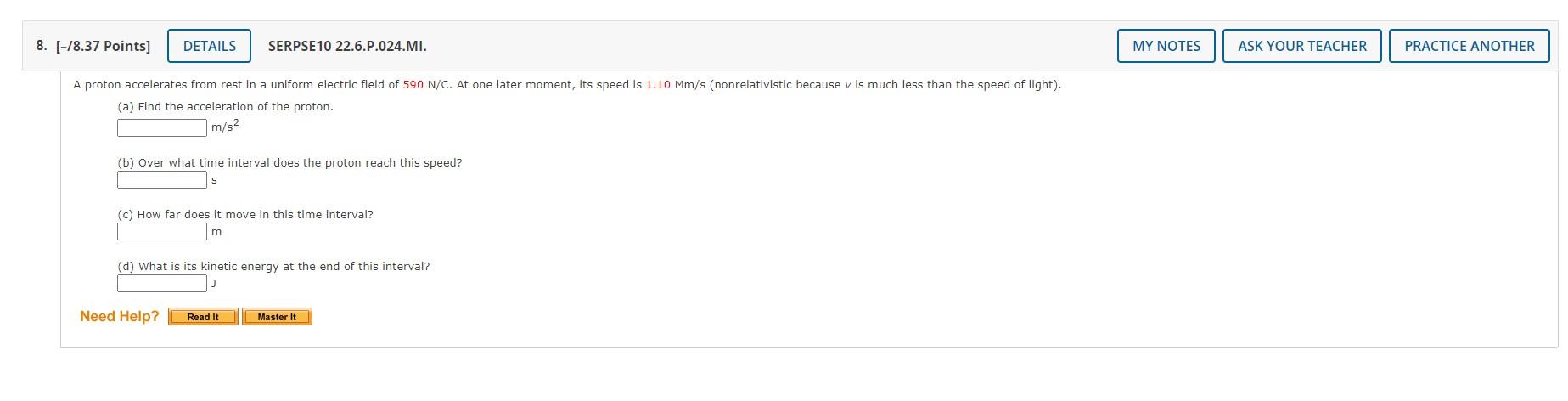 Solved 8.37 Points] SERPSE10 22.6.P.024.MI. A proton | Chegg.com