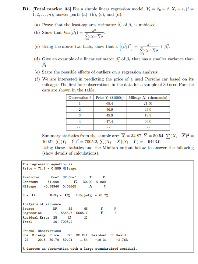Solved B1. [Total marks: 35] For a simple linear regression | Chegg.com